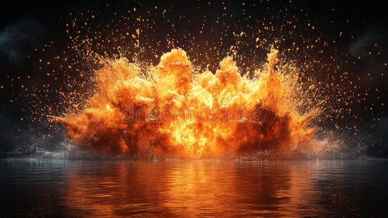 Explosive Fire Burst Over Reflective Water Surface Stock Image - Image ...