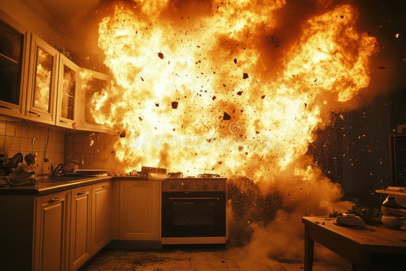 Massive Kitchen Explosion with Fire and Smoke Hazard Stock Illustration ...