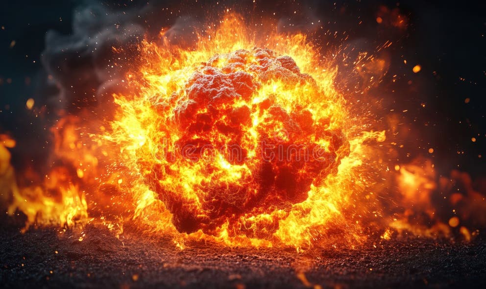Explosive Fireball Eruption with Intense Flames and Smoke in Dark ...
