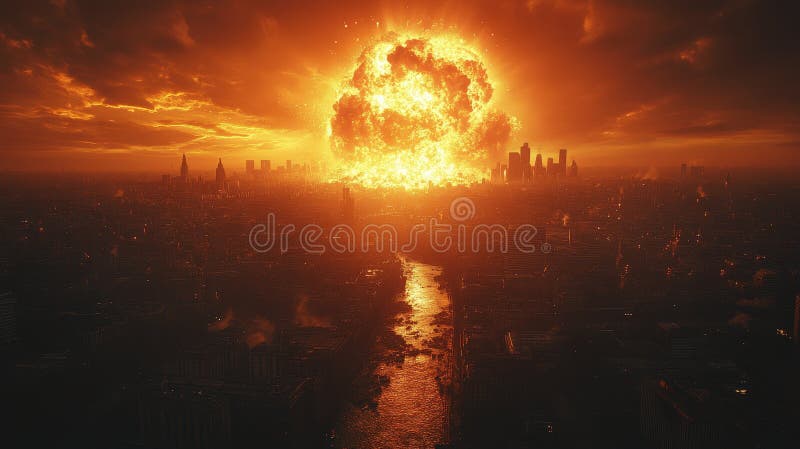 Explosive Fireball Over City Skyline at Sunset, Apocalyptic Scene Stock ...