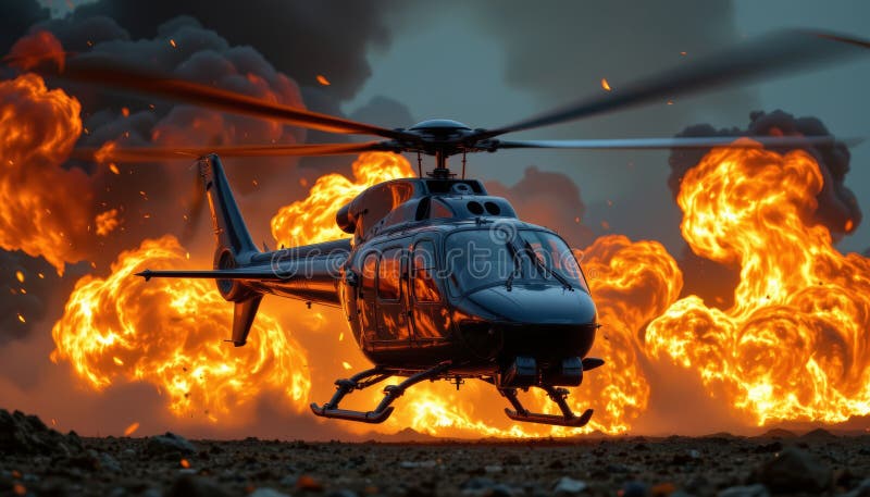Explosive Firefight Backdrop with Helicopter Flying Low Over Rocky ...