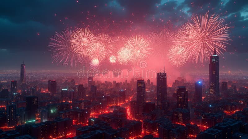 Explosive Fireworks Display Over Cityscape, Showcasing Night-time ...