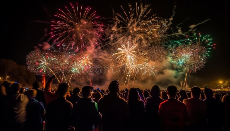 Explosive Fireworks Light Up Night Sky, Crowd Cheers Generated by AI ...