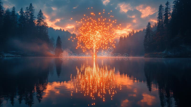 Explosive Fireworks Over Serene Lake - Generative Ai Stock Illustration ...