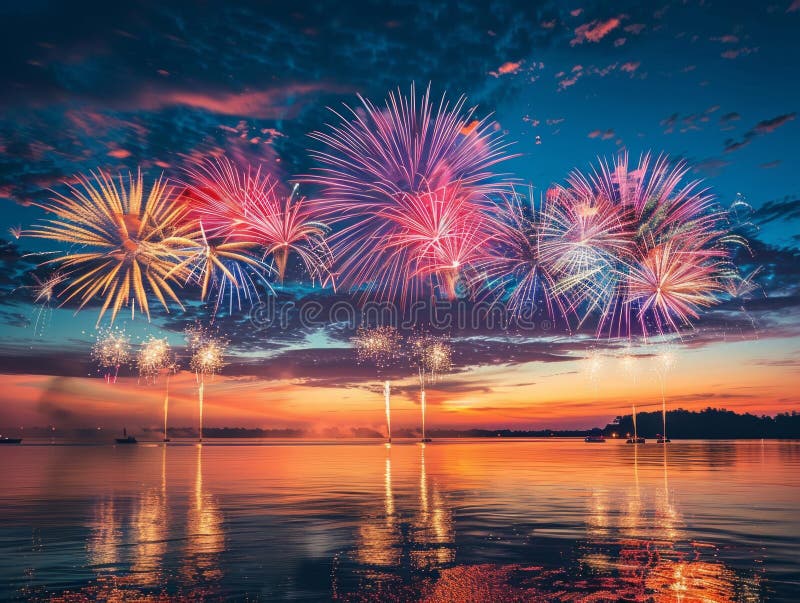 Explosive Fireworks Reflecting on the Lake Stock Image - Image of ...
