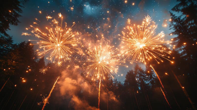 Explosive Fireworks in a Starry Forest Night - Generative Ai Stock ...