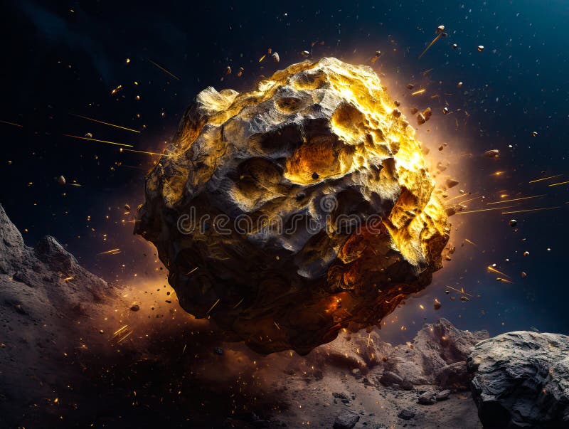 Explosive Gold Asteroid in Space. 3D Illustration. Elements of this ...