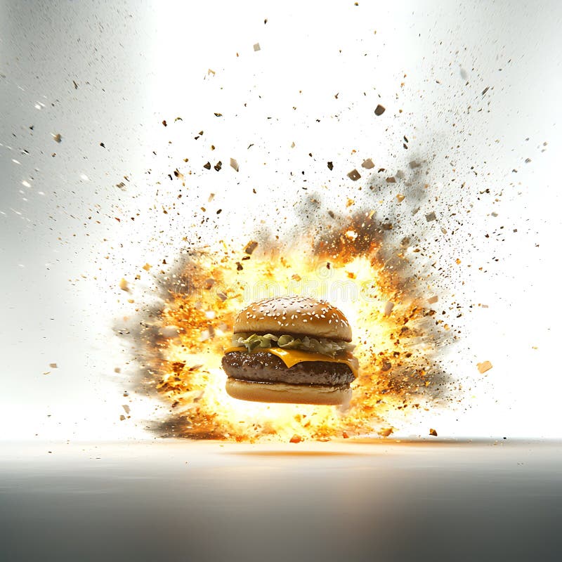 Explosive Grilled Burger Concept with Flames Stock Illustration ...