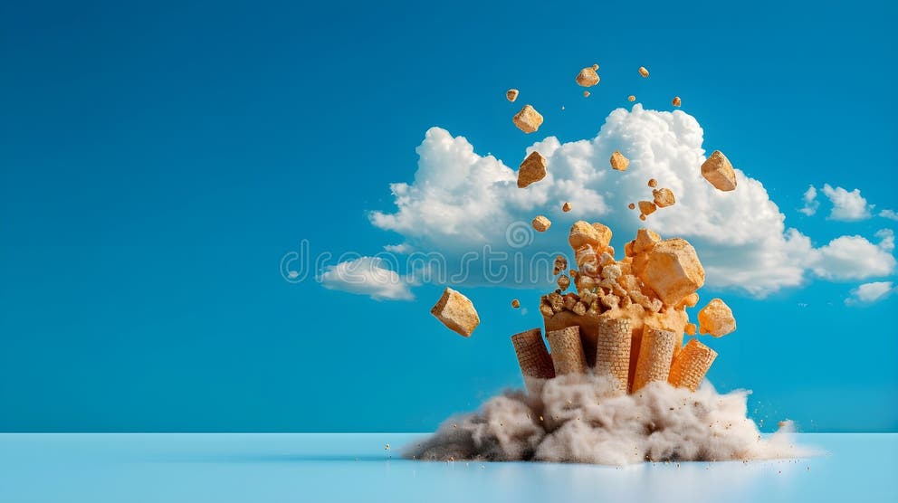 Explosive Ice Cream Cone Burst with Clouds and Blue Sky Background ...