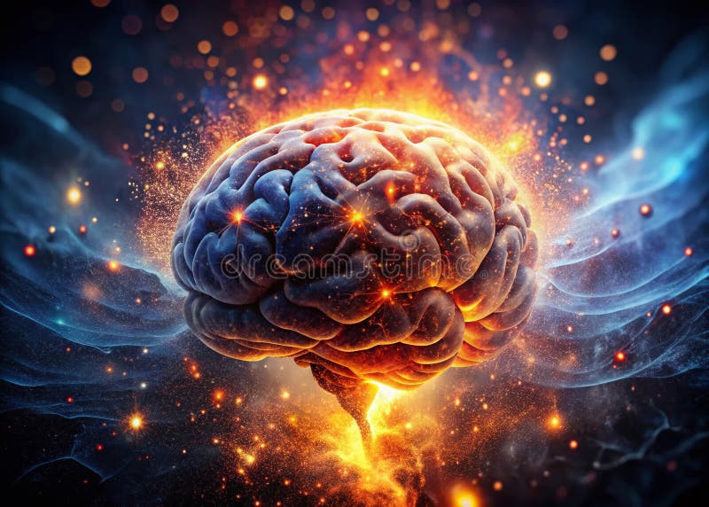 Explosive Ideas Taking Flight a Fiery Brain in Cosmic Space Symbolizing ...