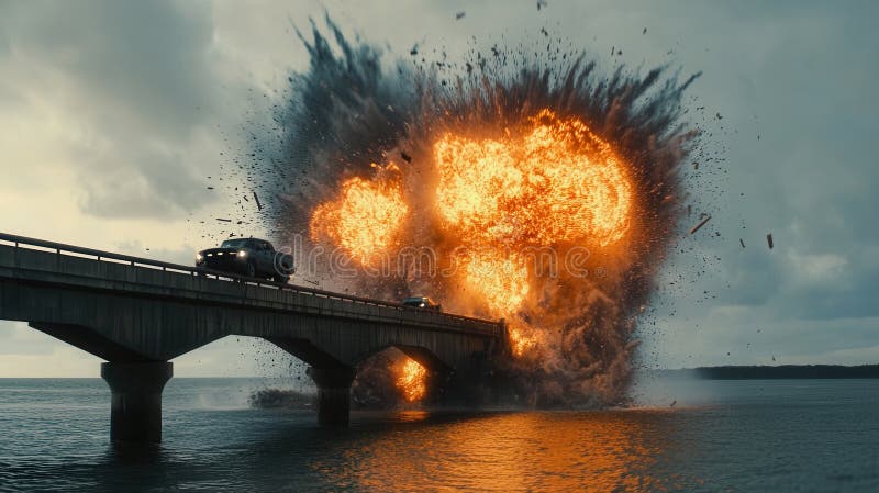 Explosive Impact on a Bridge with Debris Flying in a Dramatic Arc ...