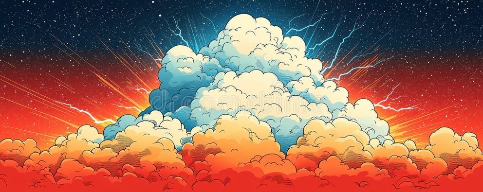 Explosive Lightning Storm Above Fluffy Clouds in Vibrant Comic Style ...