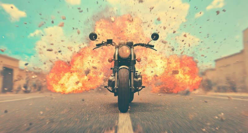 Explosive Motorcycle Action Scene with Fire and Destruction Stock Image ...