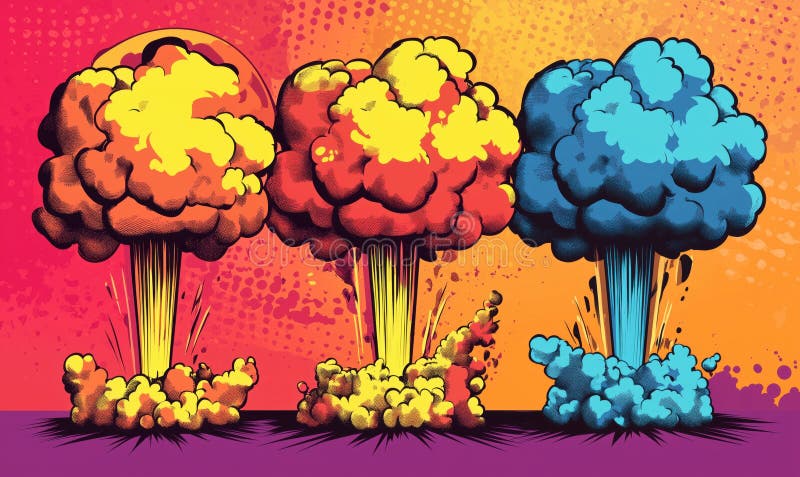 Explosive Mushroom Clouds in Vibrant Colors, Depicting Nuclear ...