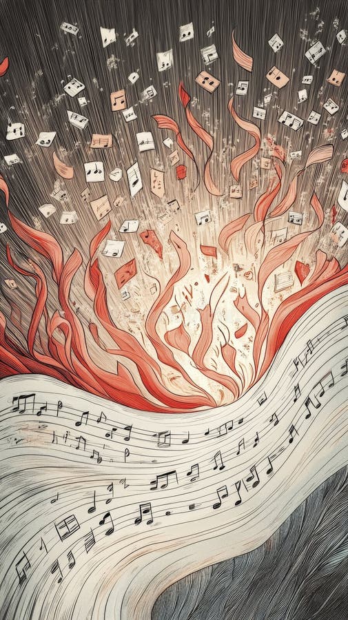 Explosive Music Notes Set Against Fiery Red Waves Stock Illustration ...