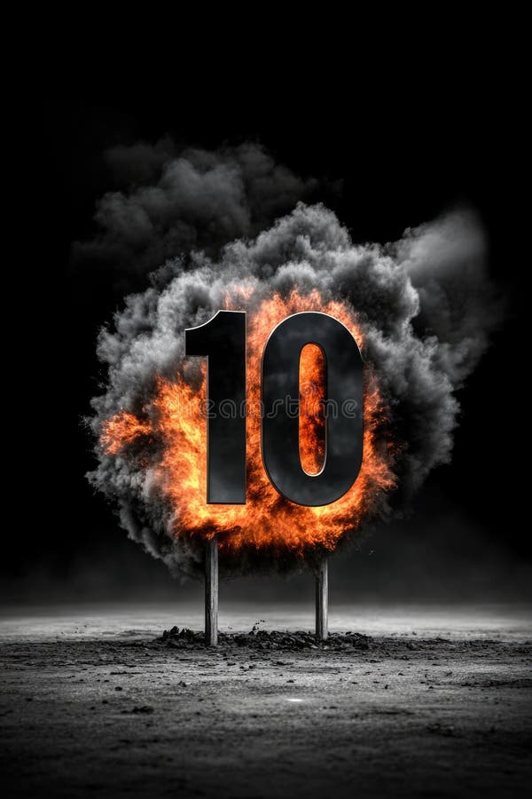 Explosive Number 10 with Fiery Flames and Smoke in Dramatic Dark ...