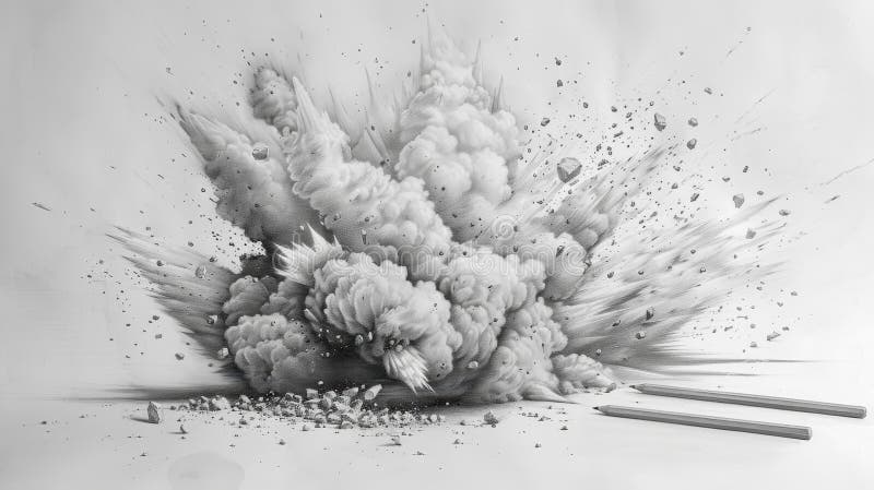 An Explosive Pencil Drawing Depicting a Detailed Explosion with Debris ...