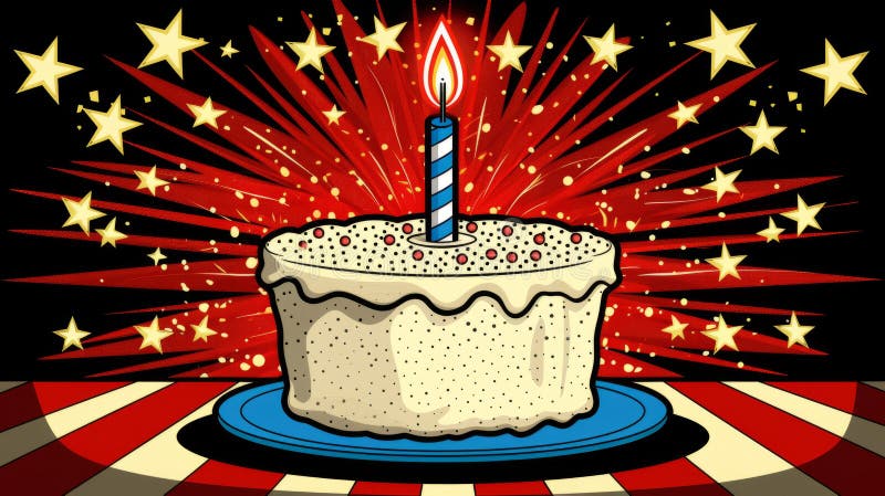 Explosive Pop Art Birthday Cake with Candle and Stars Stock Photo ...