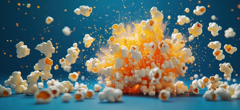 Explosive Popcorn Burst Creating Colorful Splash Against Blue ...