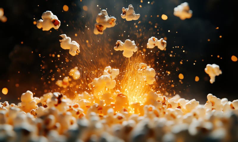 Explosive Popcorn Burst with Golden Sparks and Floating Kernels in Dark ...
