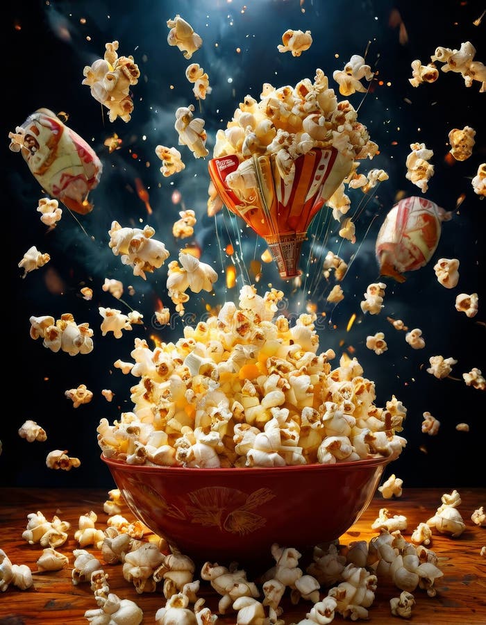 Explosive Popcorn Burst with Hot Air Balloons Amidst Flying Kernels ...