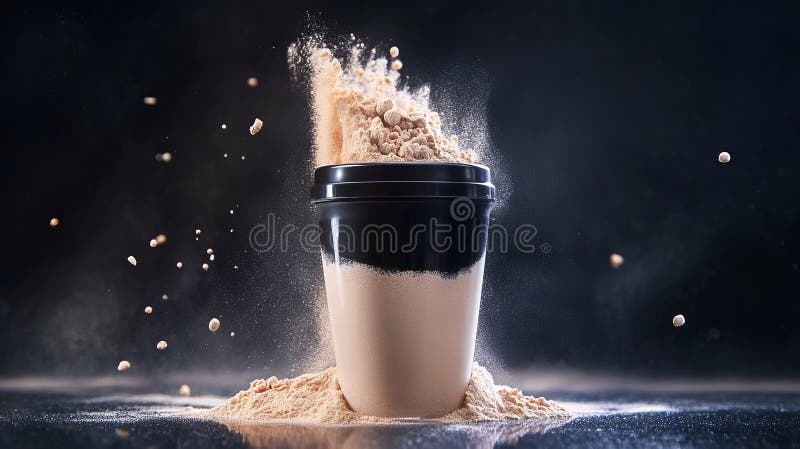 Explosive Protein Powder Pouring from Black Container in Studio Light ...