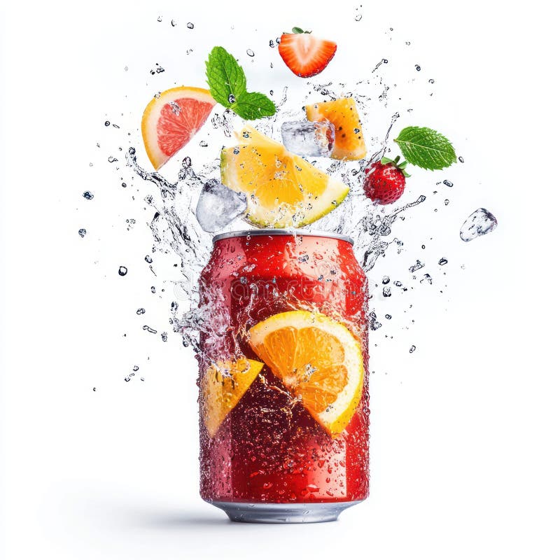 Explosive Red Soda Can with Splashing Fruit and Ice Stock Illustration ...