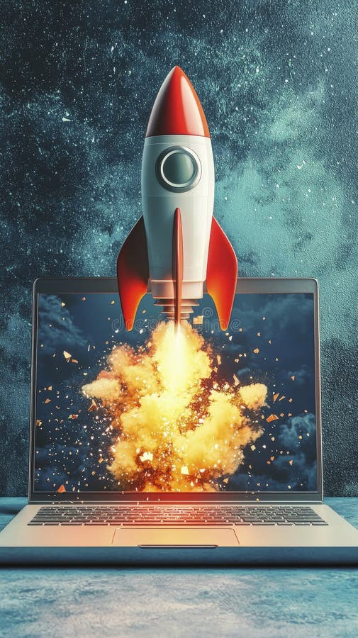 Explosive Rocket Launching from Laptop Display Stock Illustration ...