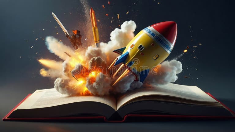 Explosive Rockets Emerging from Open Book in Dark Background ...