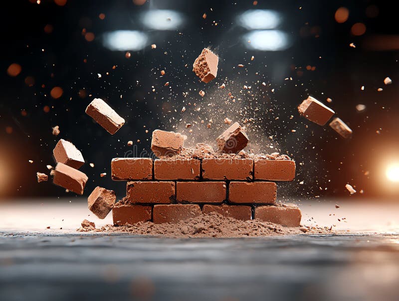An Explosive Scene Depicting a Brick Wall Being Shattered by Flying ...