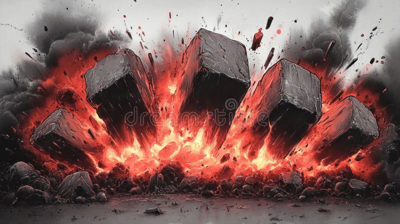 Explosive Scene with Glowing Lava and Stone Blocks Amidst Smoke and ...