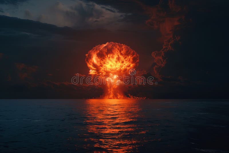 Explosive Scene Over Ocean at Sunset. a Powerful Explosion with Fiery ...