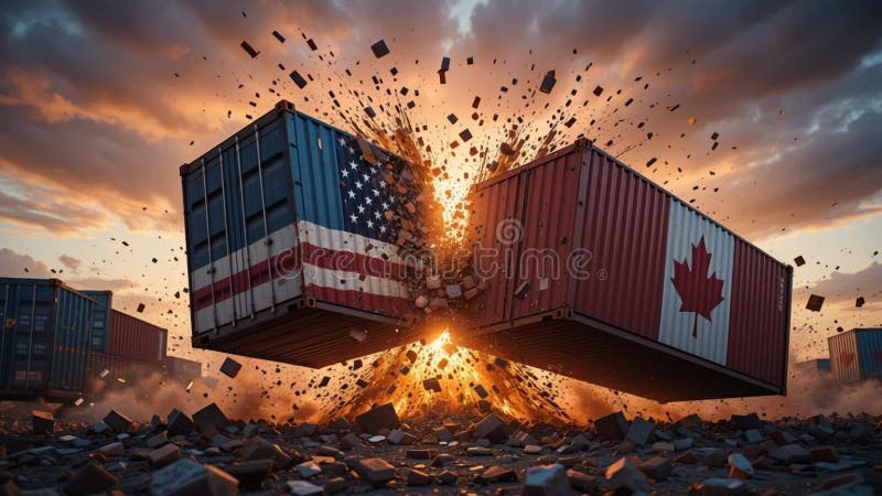 Explosive Scene with USA and Canada Shipping Containers in Conflict ...