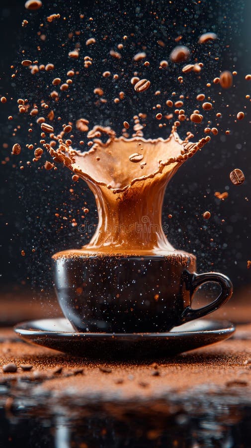 Explosive Splash of Coffee Droplets from a Black Cup Against a Dark ...