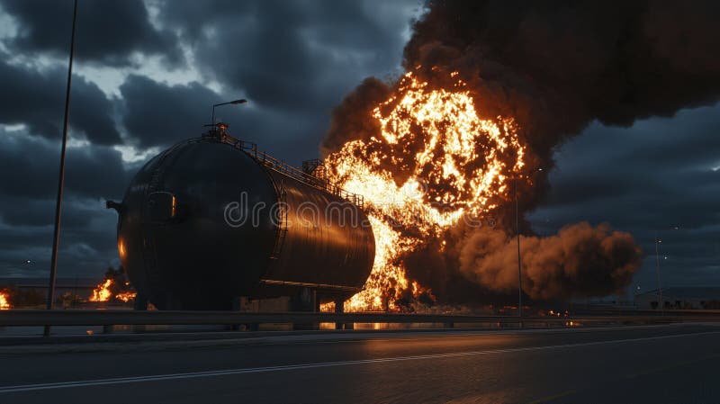 Explosive Tank Fire Incident on Highway Urban Environment Nighttime ...