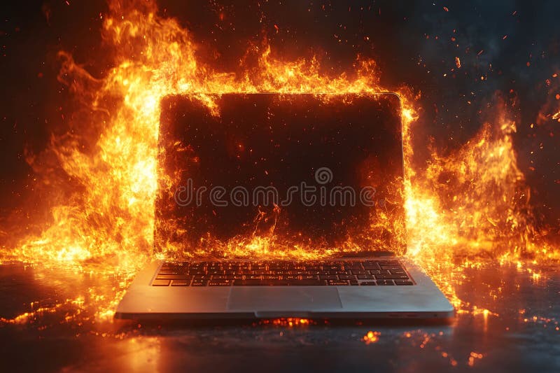 Explosive Tech Issues: Laptop Engulfed in Flames, Symbolizing Data Risk ...