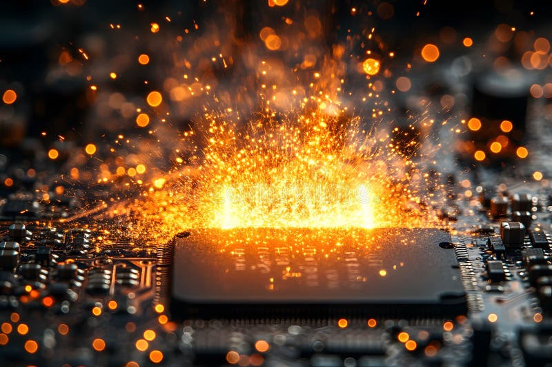 Explosive Technology Concept: Close-Up of Computer Chip with Dynamic ...