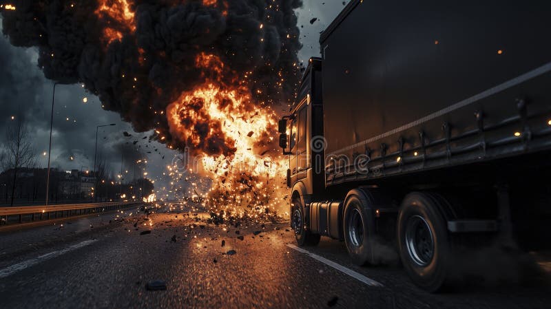 Explosive Truck Accident on Highway Urban Environment Action Scene ...