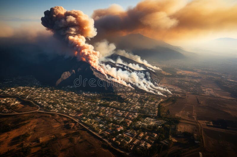 Explosive Volcanic Eruption Column Ash Over City Twilight Sky Stock ...