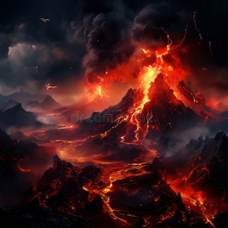 Explosive Volcanic Eruption with Flowing Lava at Night Stock Image ...