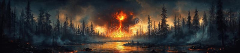 Explosive Volcanic Eruption with Lava and Fire Spreading into a Dense ...