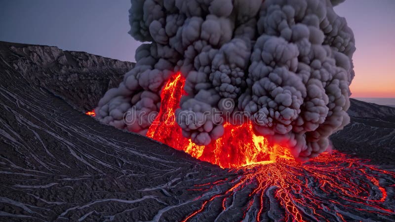 Explosive Volcano Eruption with Bright Lava Flows, Thick Smoke Clouds ...