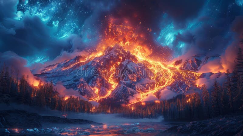 Explosive Volcano Eruption at Night - Generative Ai Stock Illustration ...