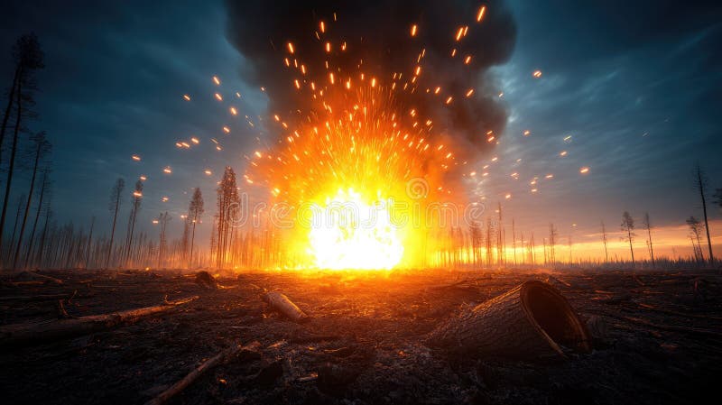 Explosive Wildfire Destruction at Sunset in a Charred Forest Landscape ...