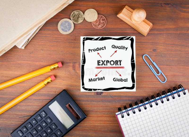 Export Concept. Office Desk with Stationery, Chart and Communication ...