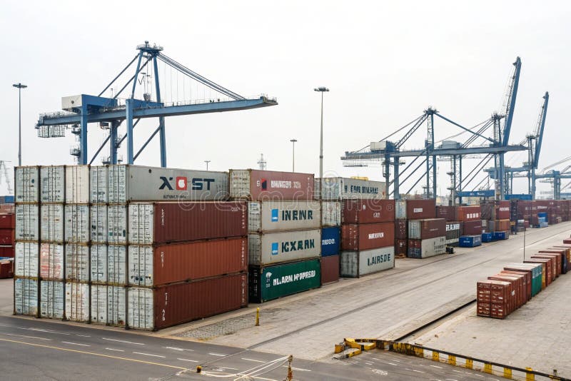 Port Cranes Loading Containers on a Cargo Ship at the Port. Elevated ...