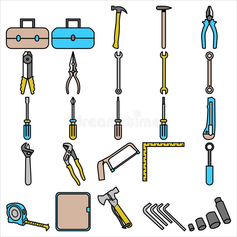 Toolkit Icon Set Design Flat Outline Style Stock Vector - Illustration ...