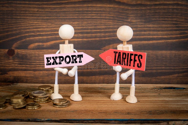 Export Vs Tariffs Concept with Wooden Figures, Arrows, and Coins Stock ...