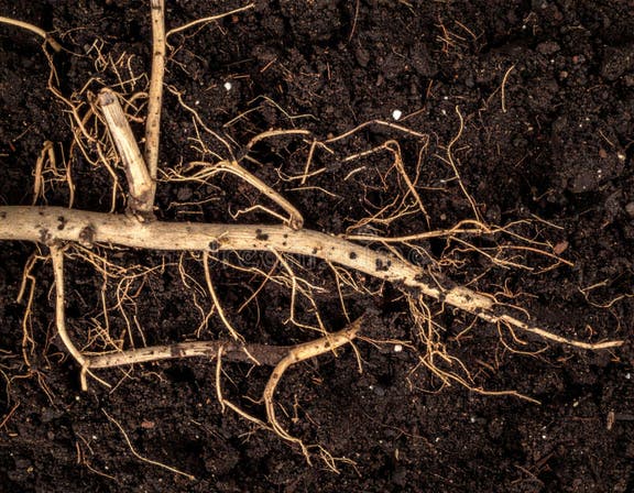 Exposed Brown Root System Intricately Embedded in Dark Textured Soil ...