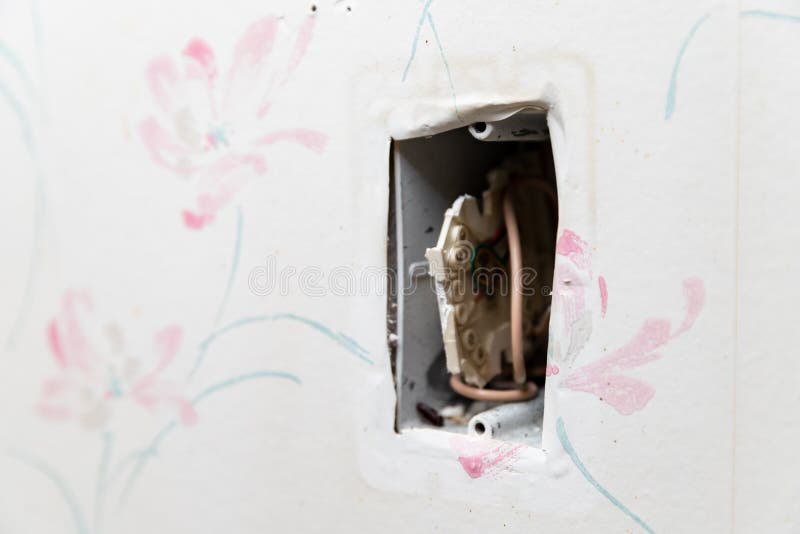 Exposed Electrical Outlet on Wall Stock Image - Image of close ...